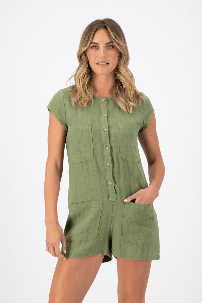 Sofia Romper Green in Slub Linen | Olga de Polga